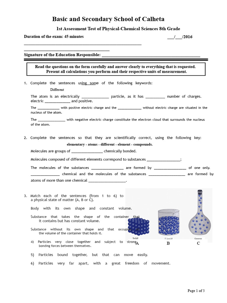 1st Test 8th Grade | PDF | Molecules | Atoms