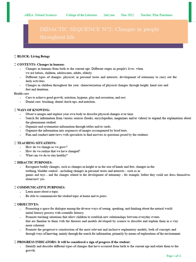Didactic Sequence - Changes in Life | PDF | Science | Psychological ...