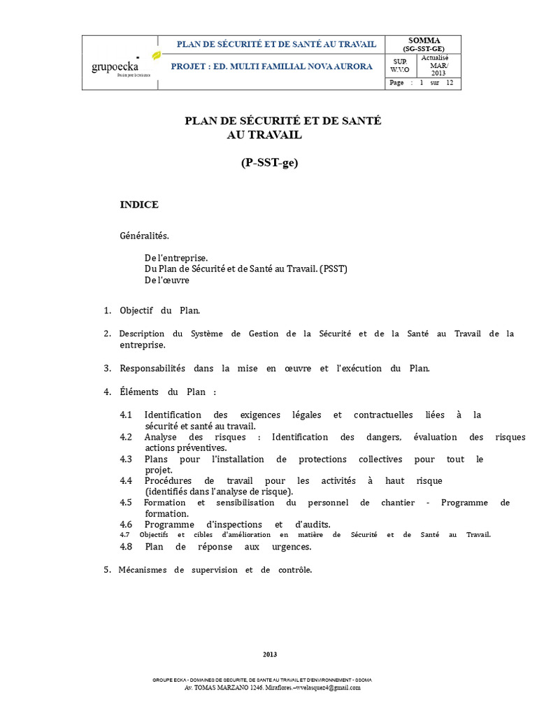 Plan de Sécurité et Santé au Travail | PDF | Sécurité | Gestion des risques
