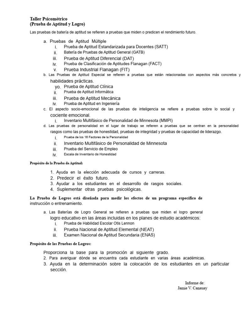 Taller de Pruebas de Aptitud y Logro | PDF | Inteligencia | Aprendizaje
