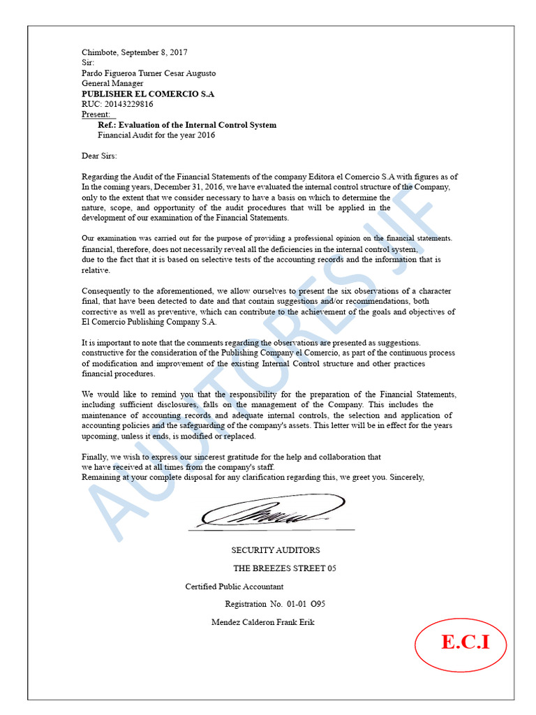 Internal Control Letter | PDF | Internal Control | Audit