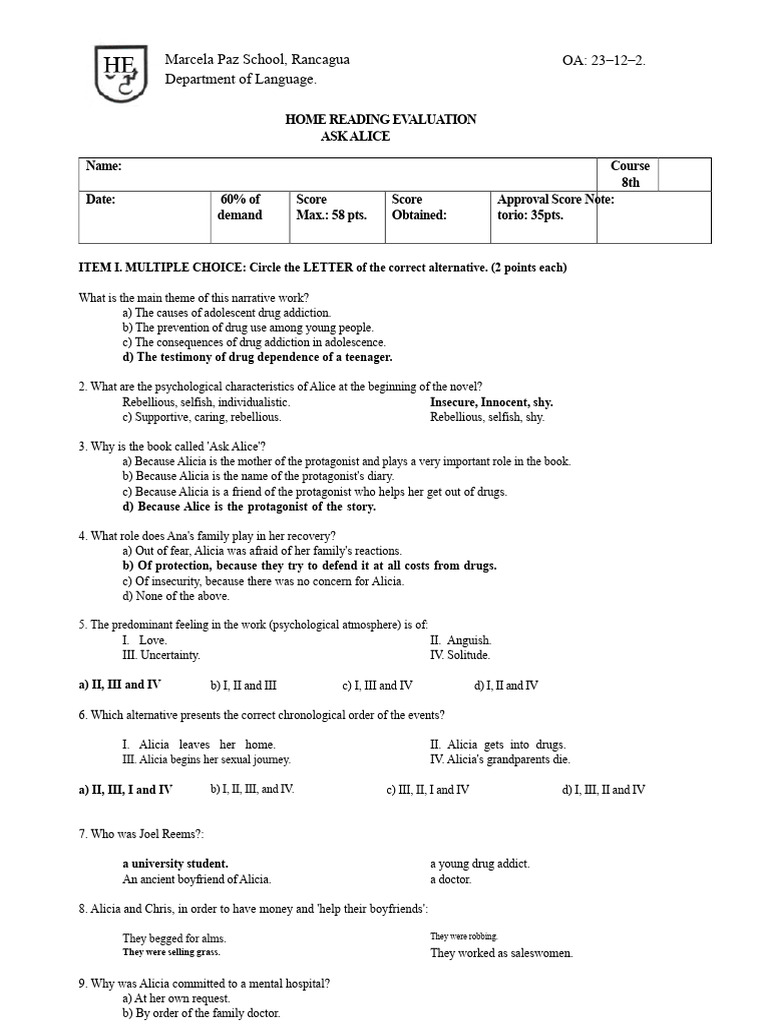 Assessment Ask Alicia. GUIDELINES | PDF | Multiple Choice