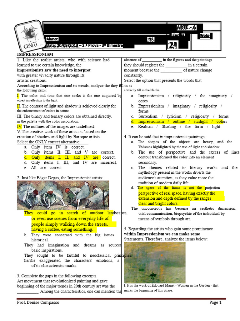 Impressionism Test 2nd To Color | PDF | Impressionism | Art Movements