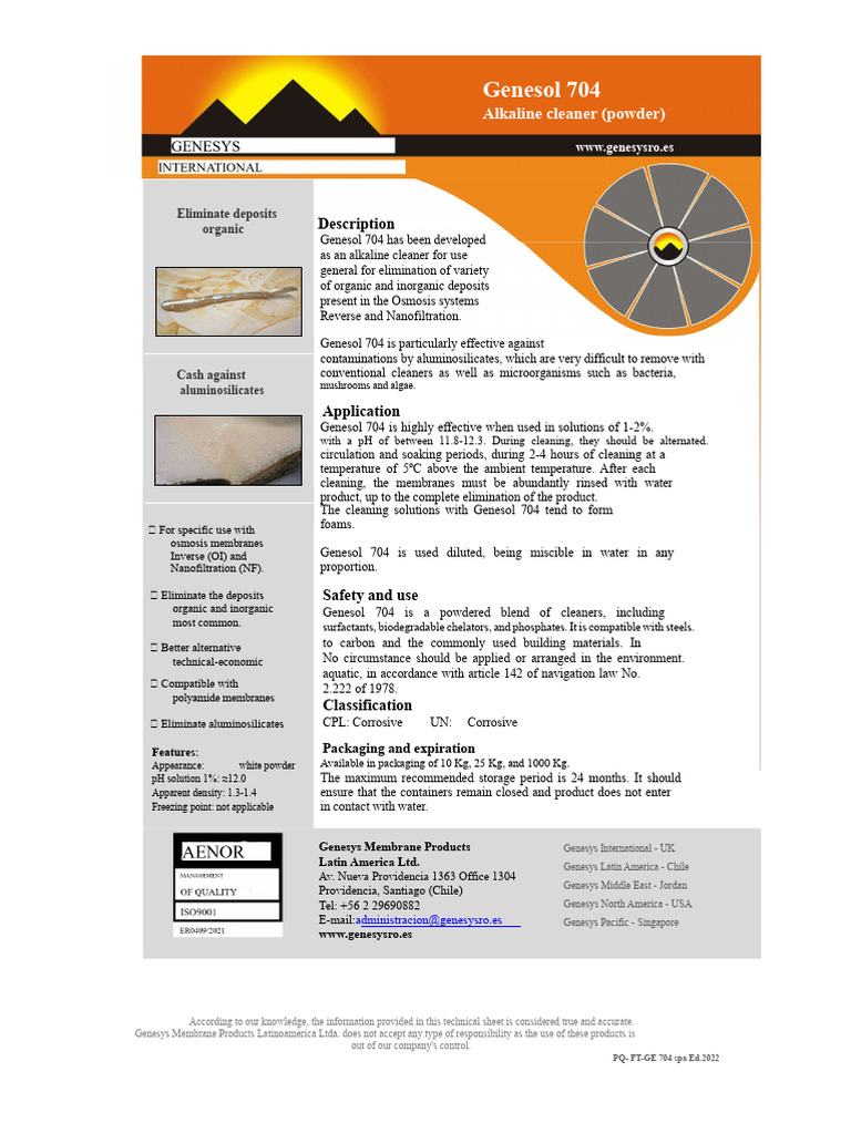 Genesol 704: Alkaline Cleaner for Membranes | PDF | Membrane | Materials