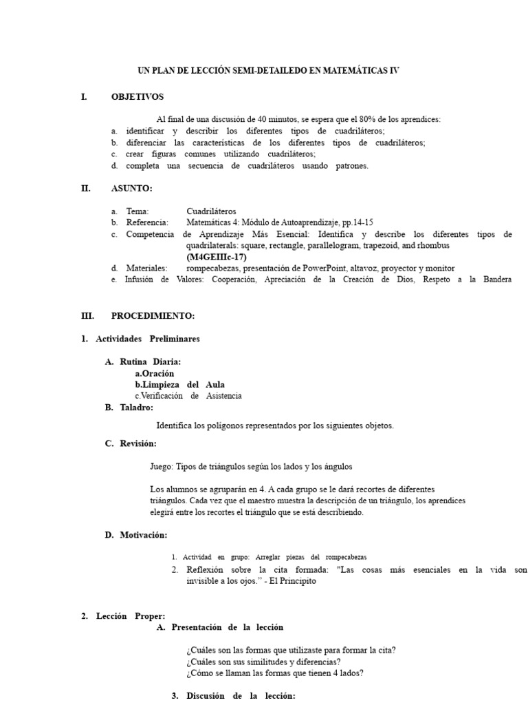 División-Demo-Mat4-Cuadriláteros-Plan de Lección Semi-Detaallado | PDF ...