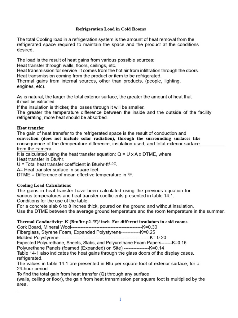 Calculation of Cold Rooms | PDF | Heat Transfer | Thermal Insulation