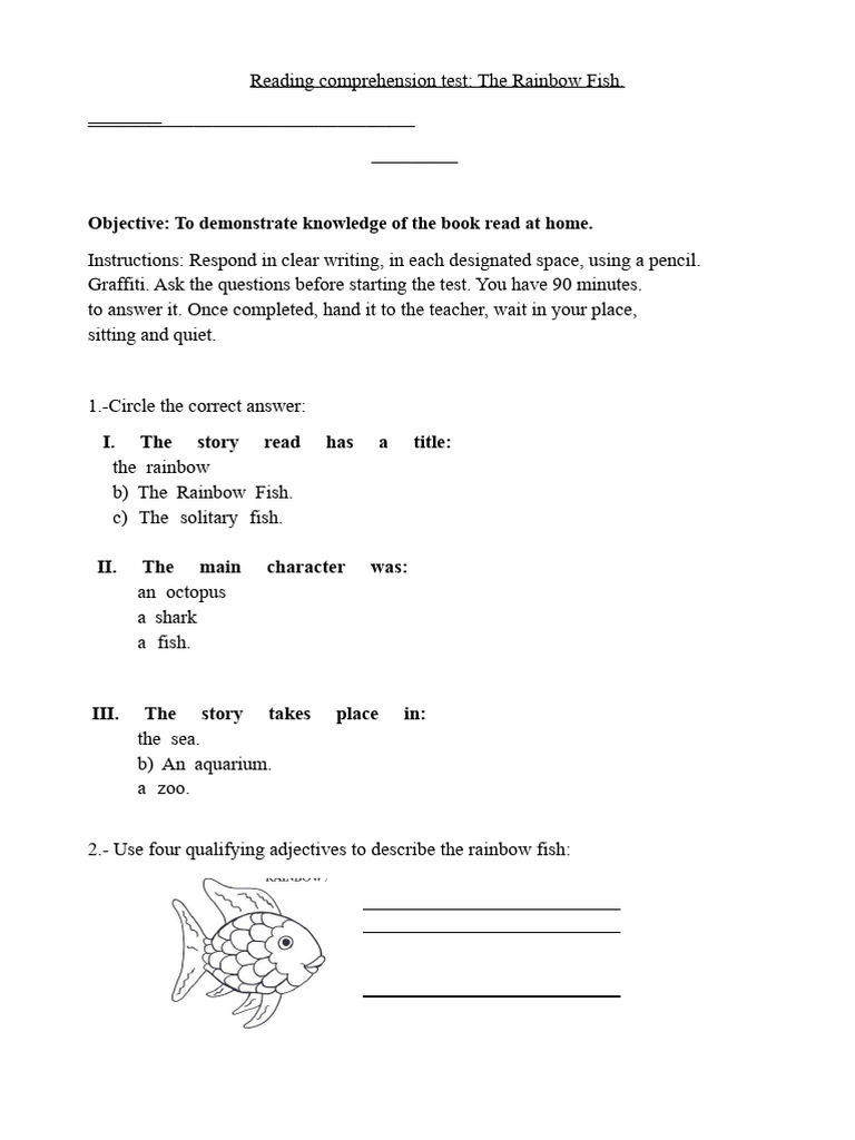 Rainbow Fish Reading Comprehension Test | PDF