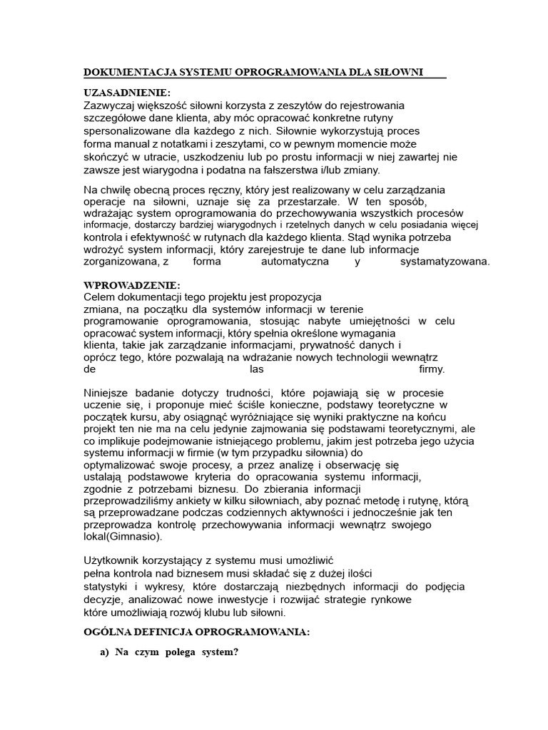 Dokumentacja Systemu Oprogramowania Dla Siłowni | PDF