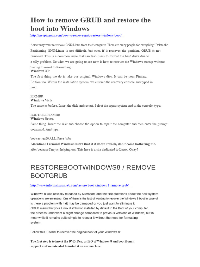 How To Remove GRUB and Restore Windows Boot | PDF | Booting | Operating ...