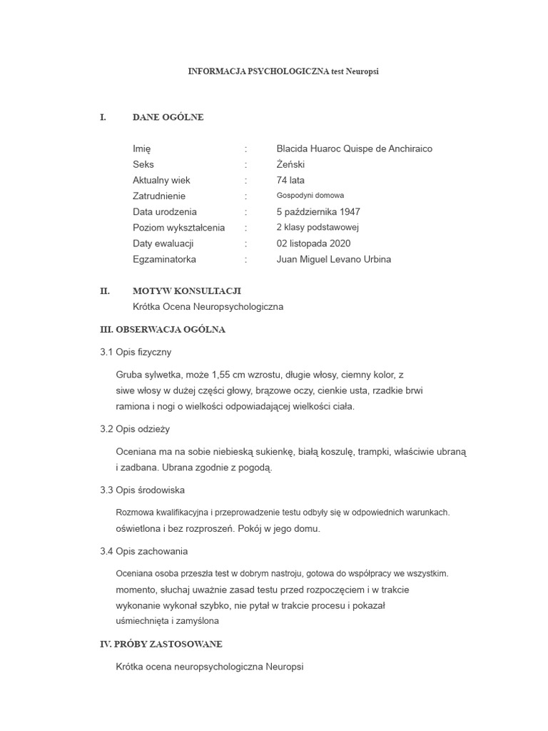 RAPORT PSYCHOLOGICZNY Test Neuropsi | PDF