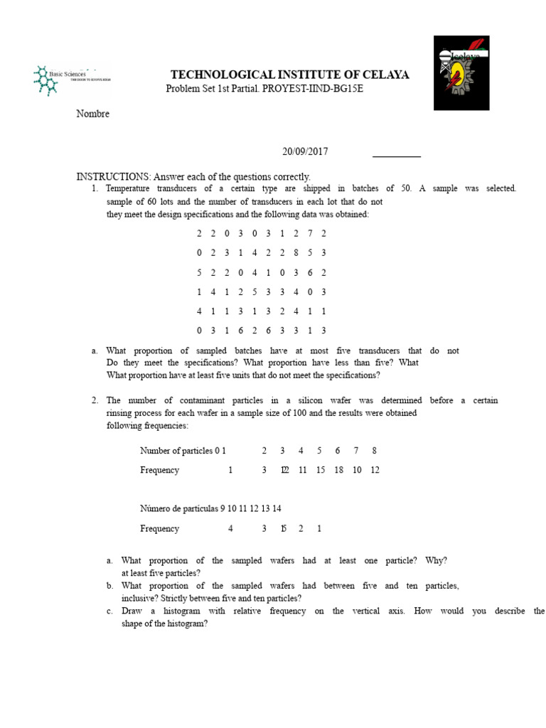 Problem Set 1st Partial PROYEST-IIND | PDF | Mean | Standard Deviation