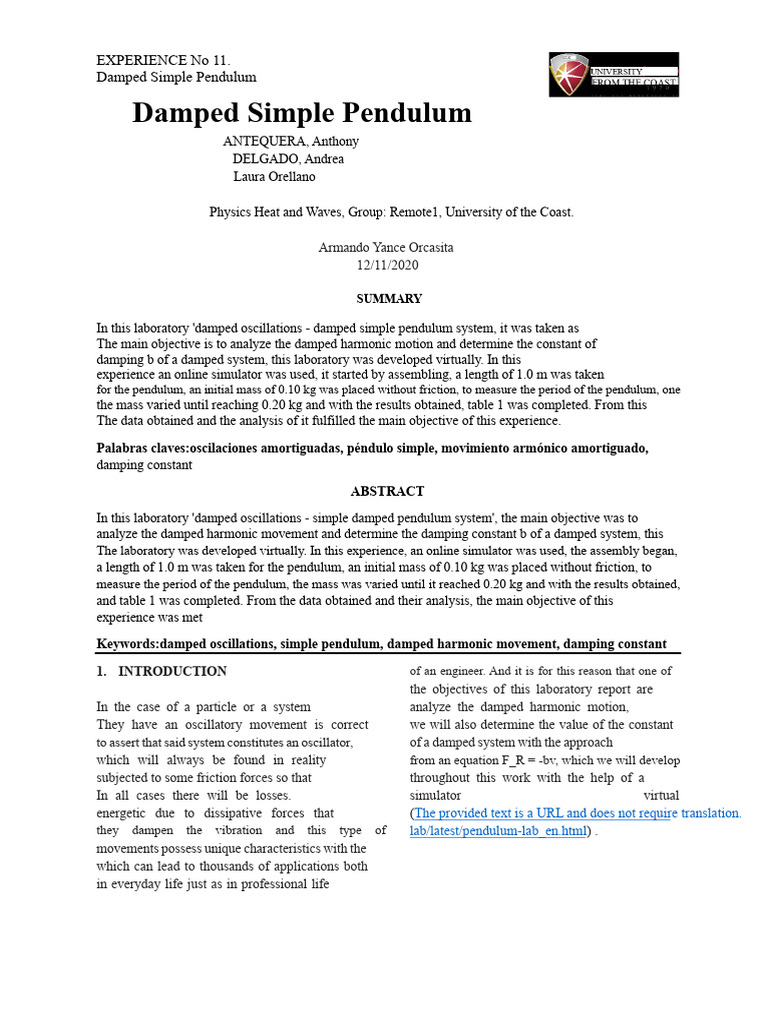 11-Laboratory Report - Damped Simple Pendulum | PDF | Oscillation | Force