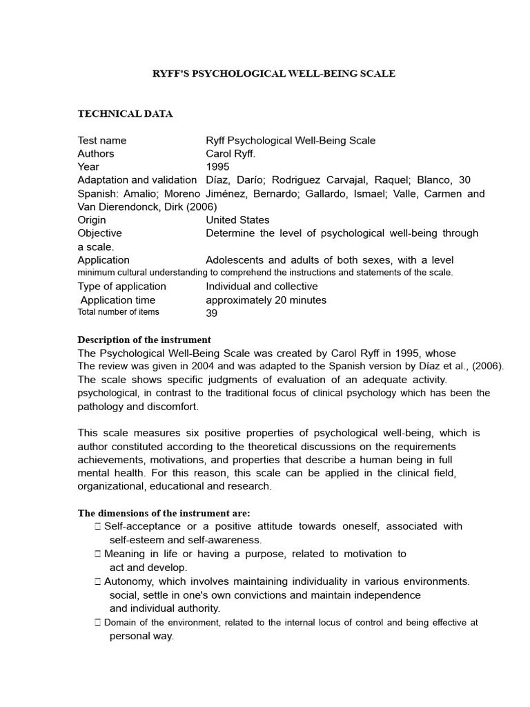 Ryff Psychological Well-Being Scale Overview | PDF | Well Being ...
