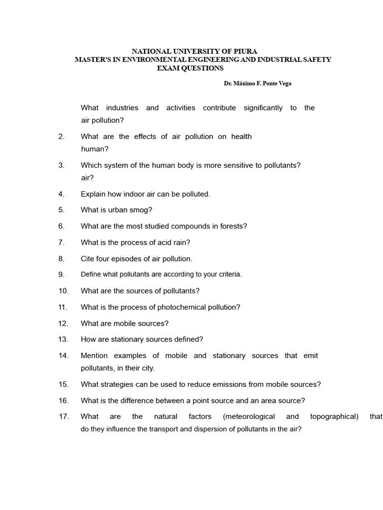 Environmental Engineering Exam Questions | PDF | Air Pollution | Wound