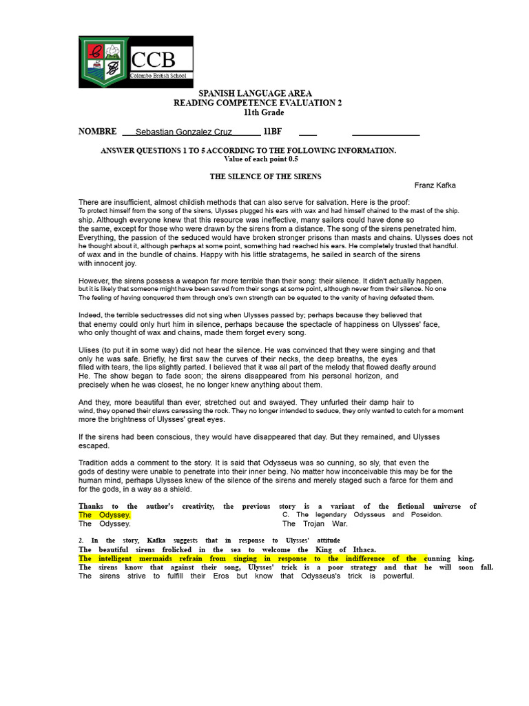 Reading Comprehension Grade 11 Test 2 | PDF | Odysseus | Odyssey