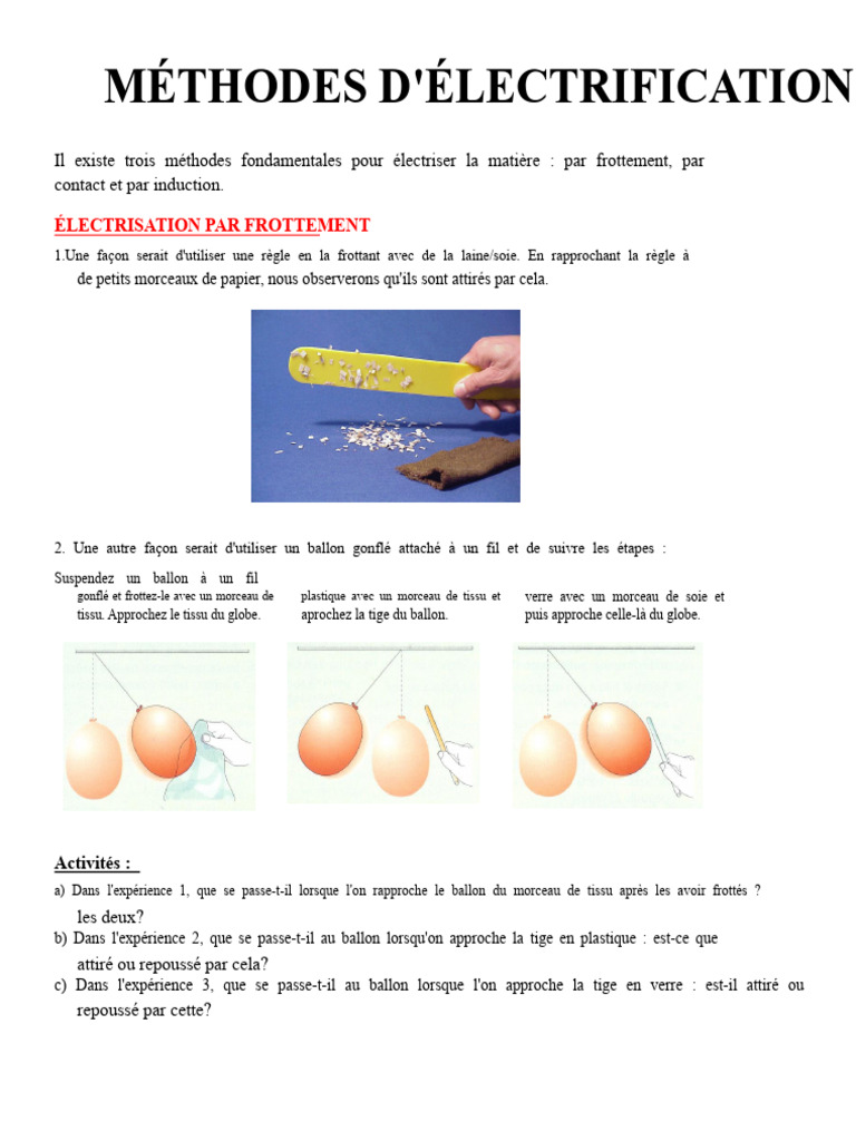Méthodes d'Électrisation : Frottement, Contact, Induction | PDF | Les ...