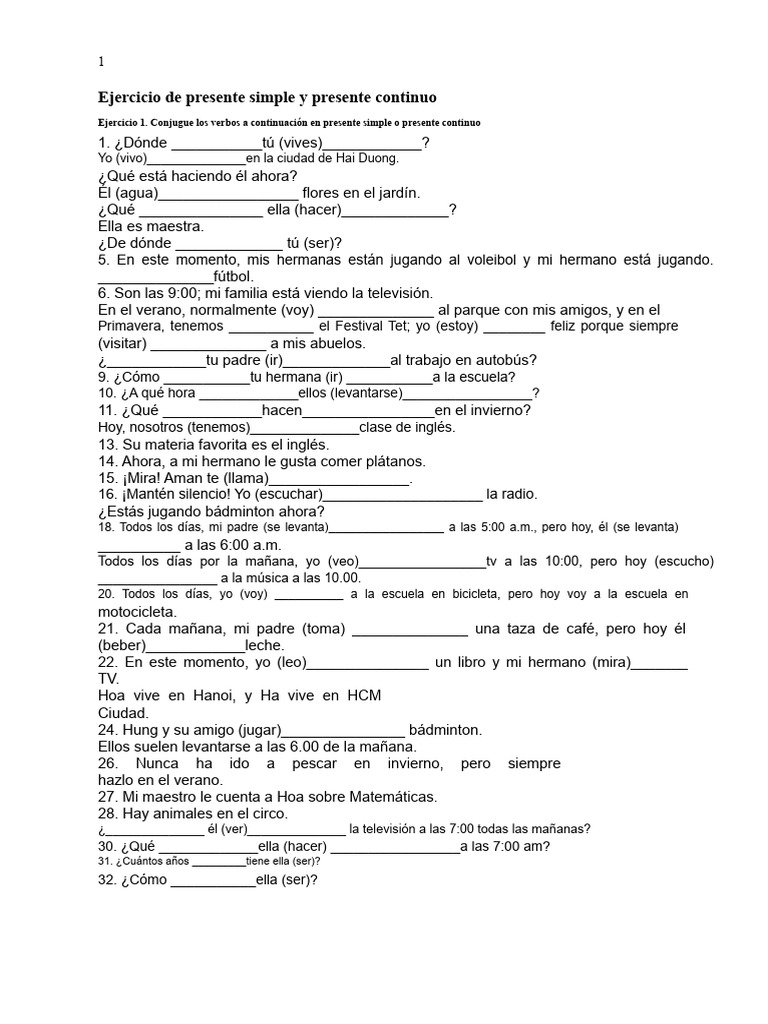Ejercicios de Presente Simple y Presente Continuo | PDF