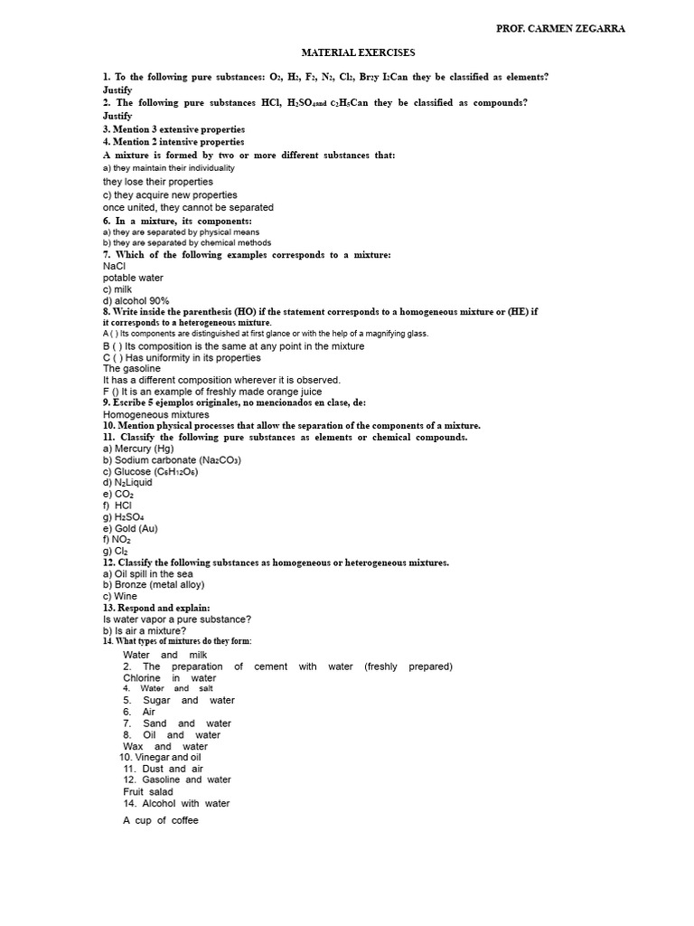 Matter Exercises - Class | PDF | Mixture | Chemical Substances