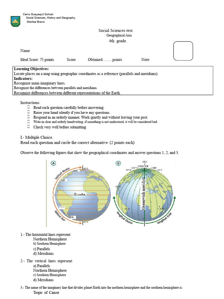4th Grade Geography Test on Coordinates | PDF | Longitude | Latitude