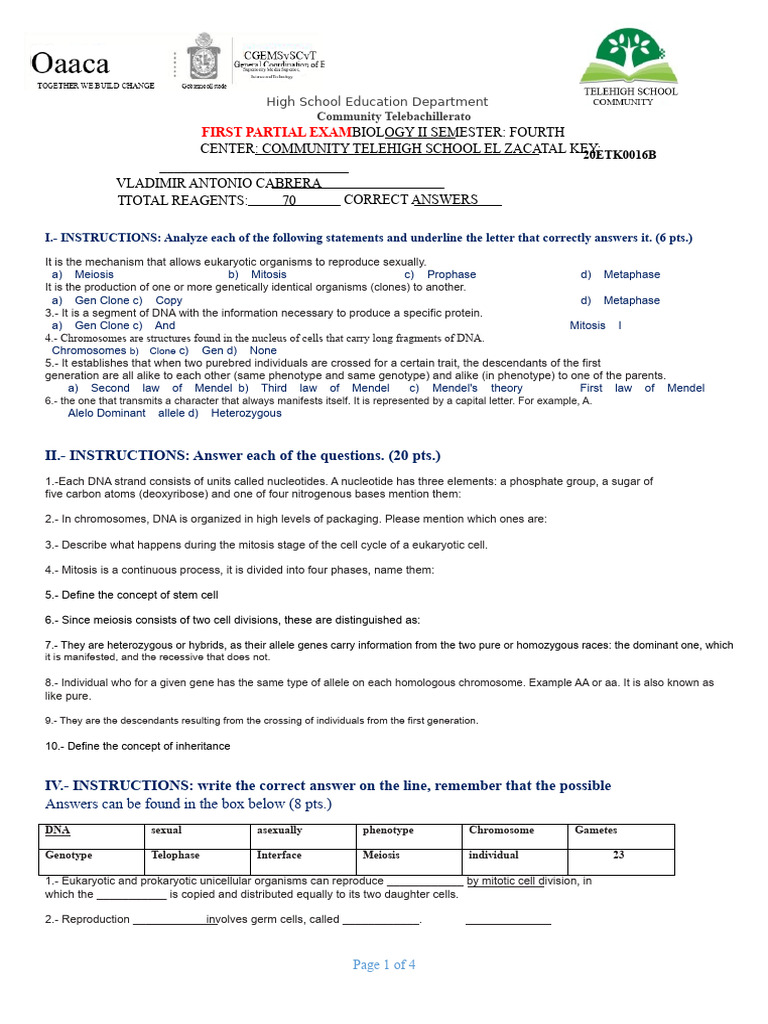 Exam FIRST PART Biology II | PDF | Cell (Biology) | Dominance (Genetics)