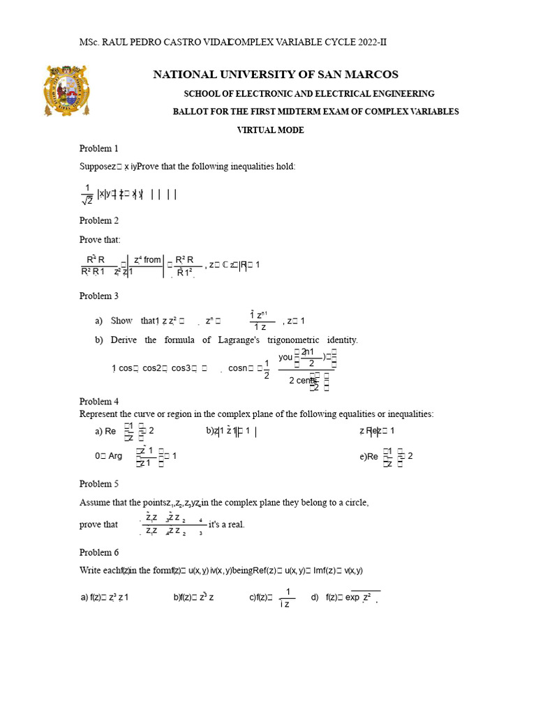 First Midterm Exam Ballot - Complex Variable | PDF | Function (Mathematics) | Curve