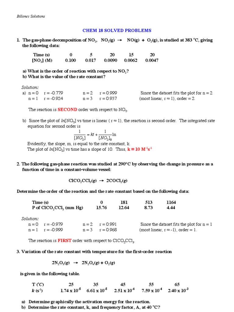 Solved Chemistry Problems on Reaction Kinetics | PDF | Chemical ...