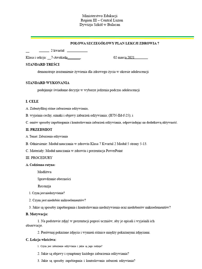 Szczegółowy Plan Lekcji W Zdrowiu 7 (2. Kwartał) | PDF
