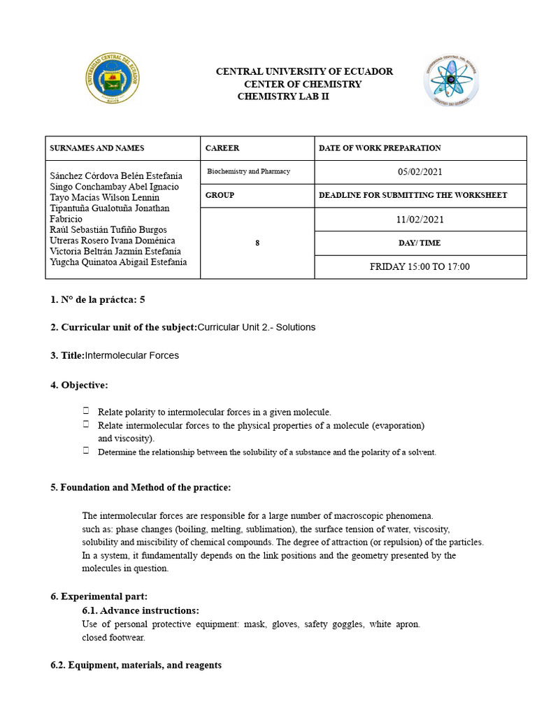 Practice 5. Intermolecular Forces | PDF | Chemical Polarity ...