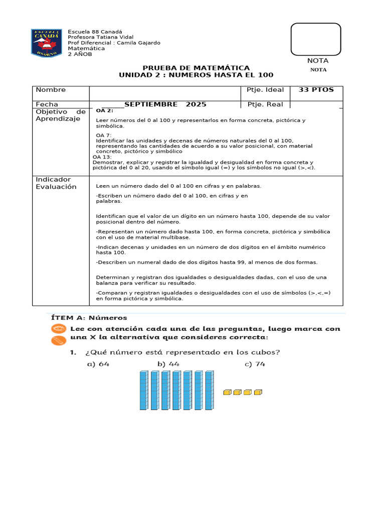 Prueba de Unidad 2 Septiembre Matematica 2025 | PDF