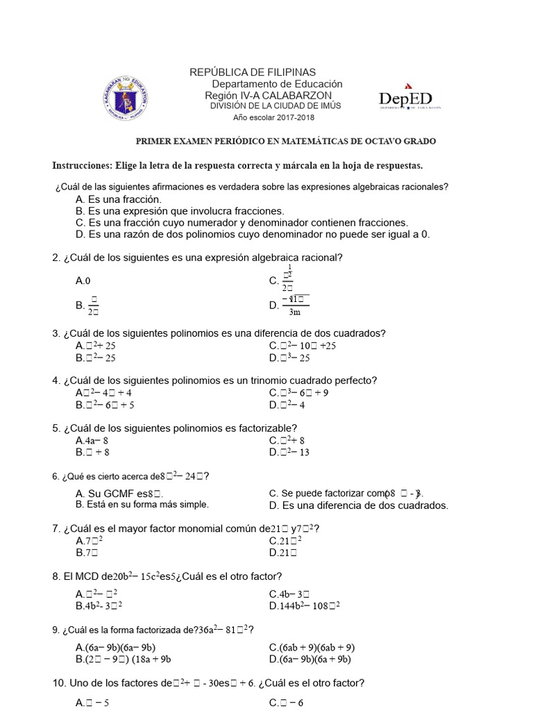 Examen de Matemáticas 8° Grado Filipinas | PDF | Pendiente | Factorización