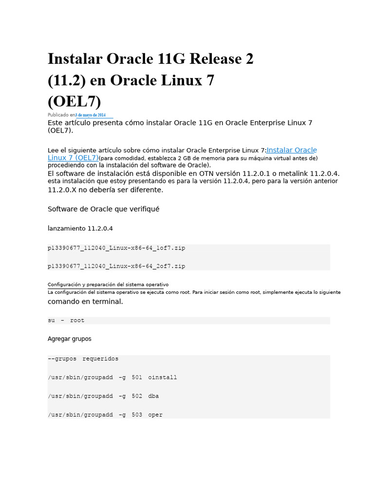 Instalar Oracle 11G Release 2 (11.2) en Oracle Linux 7 (OEL7) | PDF | Oracle Corporation ...