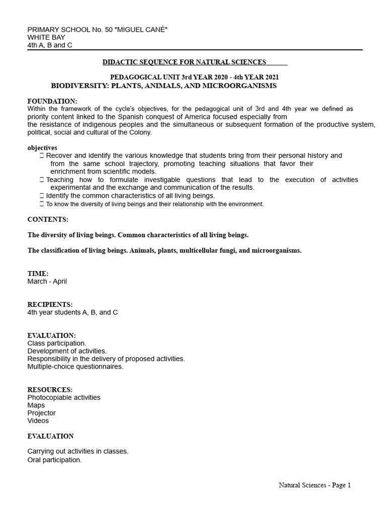 Natural Sequence Living Beings Classification 4th B | PDF ...