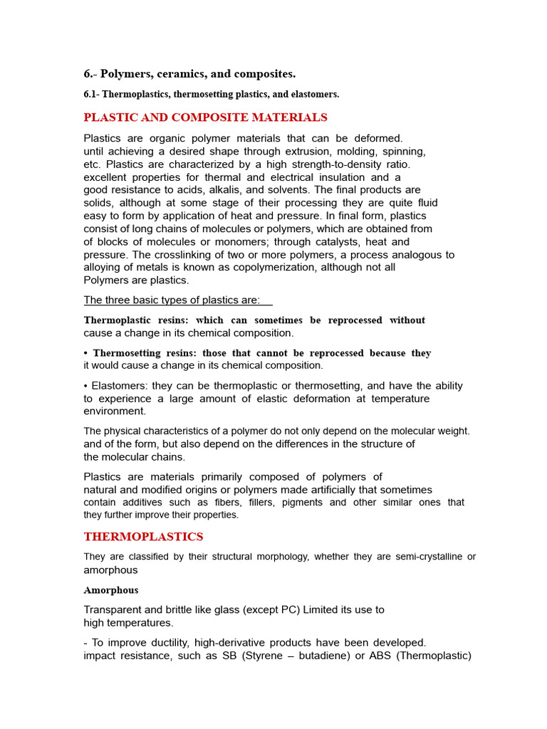 6.1 Thermoplastics, Thermosets, and Elastomers | PDF | Polymers | Thermoplastic