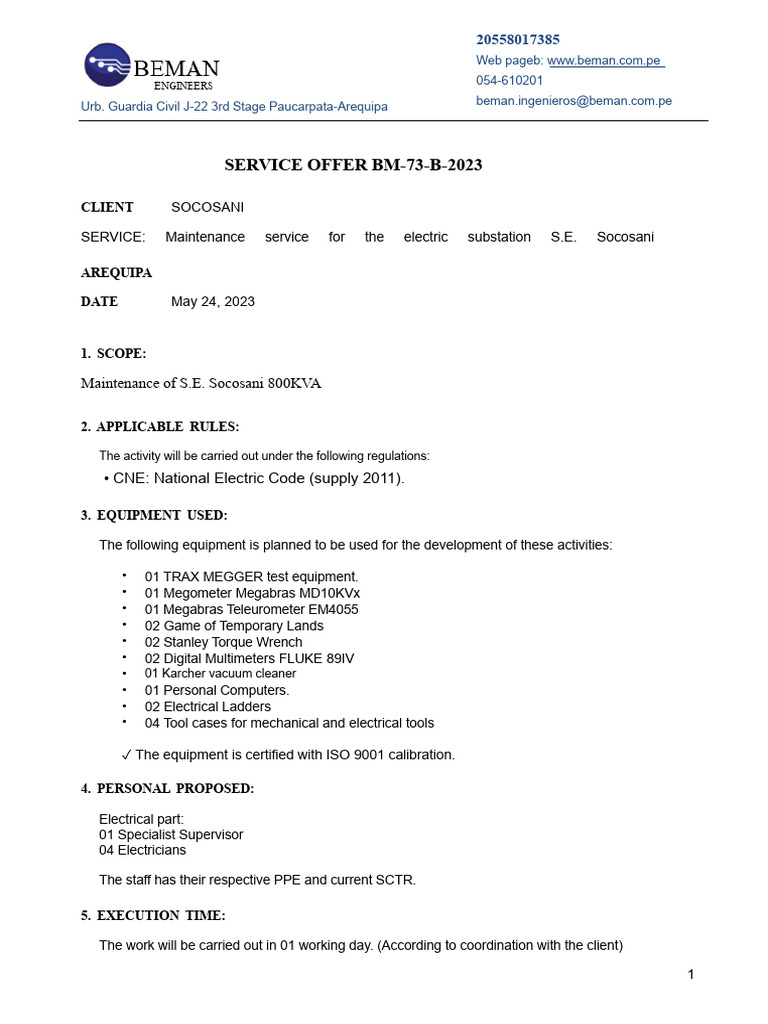 Quotation BM-73-B-2023 SOCOSANI (Maintenance of 800KVA Electrical ...