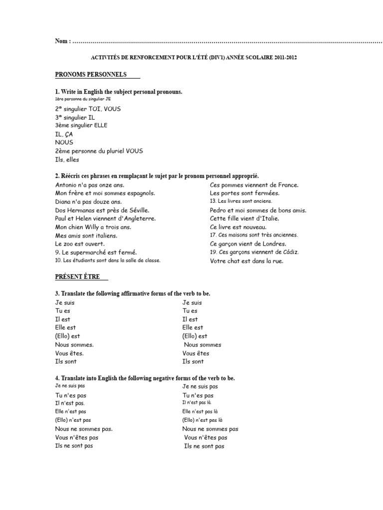 Activités de renforcement : pronoms et verbes | PDF | Nombre ...
