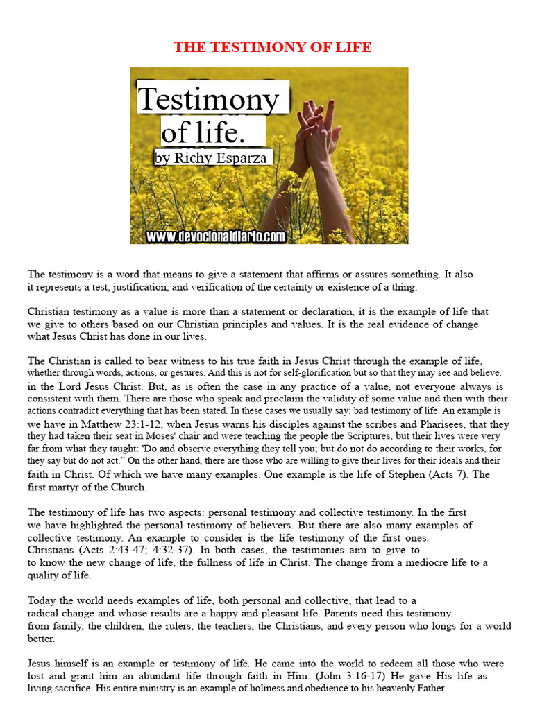 The Testimony of Life | PDF | Jesus | Testimony