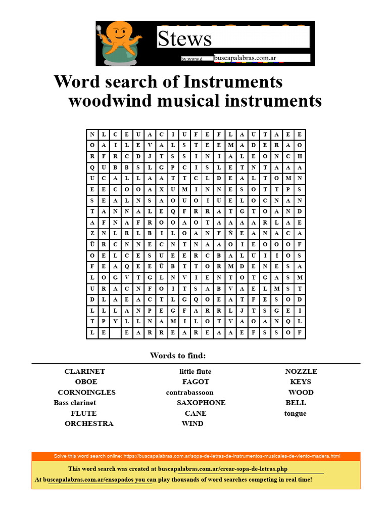 Word Search of Woodwind Musical Instruments | PDF | Woodwind ...