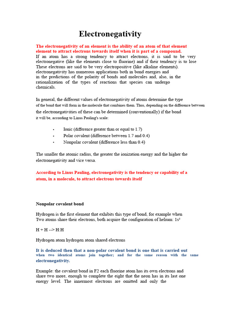 Electronegativity | PDF | Chemical Polarity | Chemical Bond