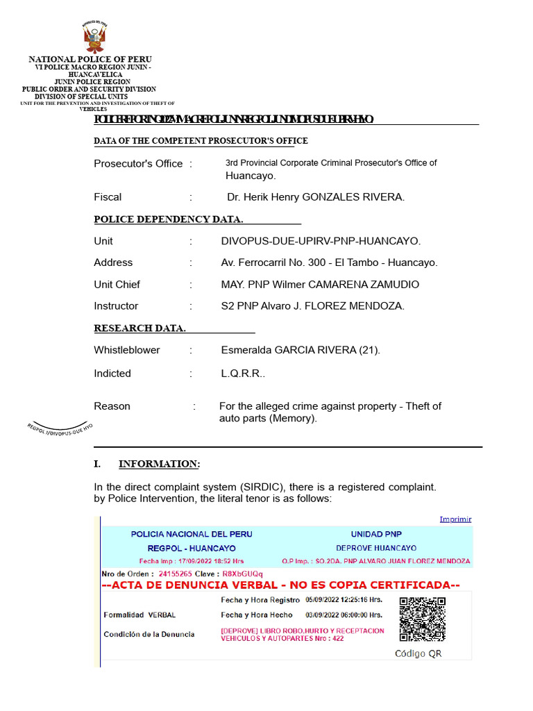 Vehicle Theft Investigation Report Huancayo | PDF | Police | Prosecutor
