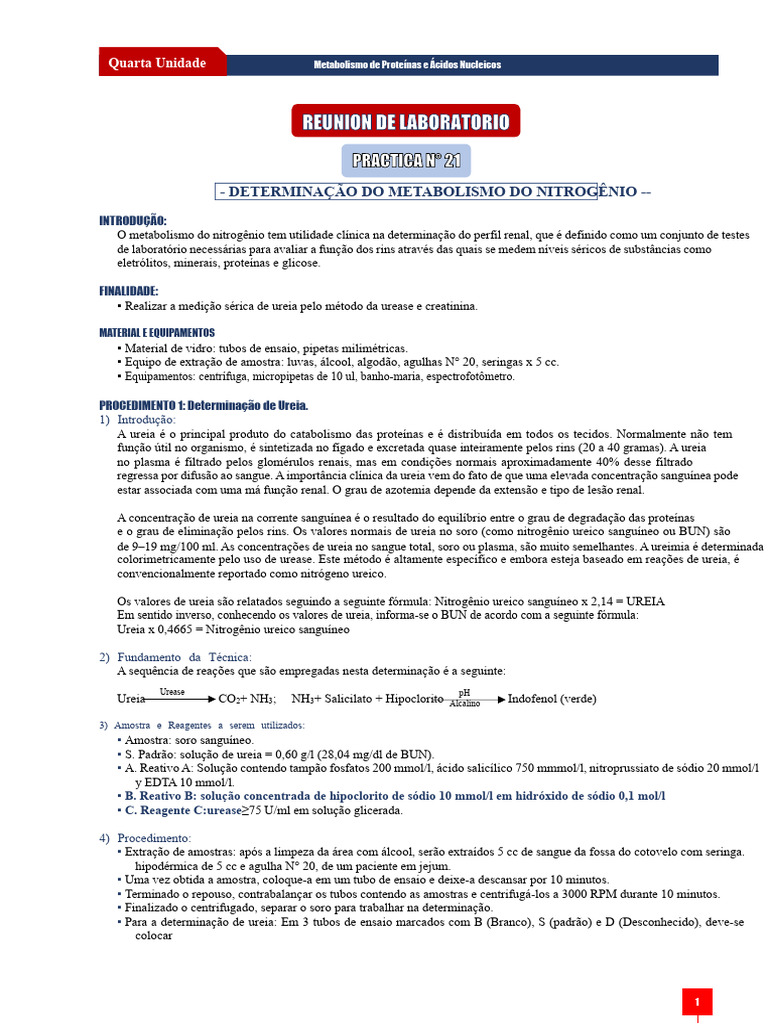 PRACTICA 21. Determinação de Ureia e Creatinina PDF | PDF | Creatinina ...