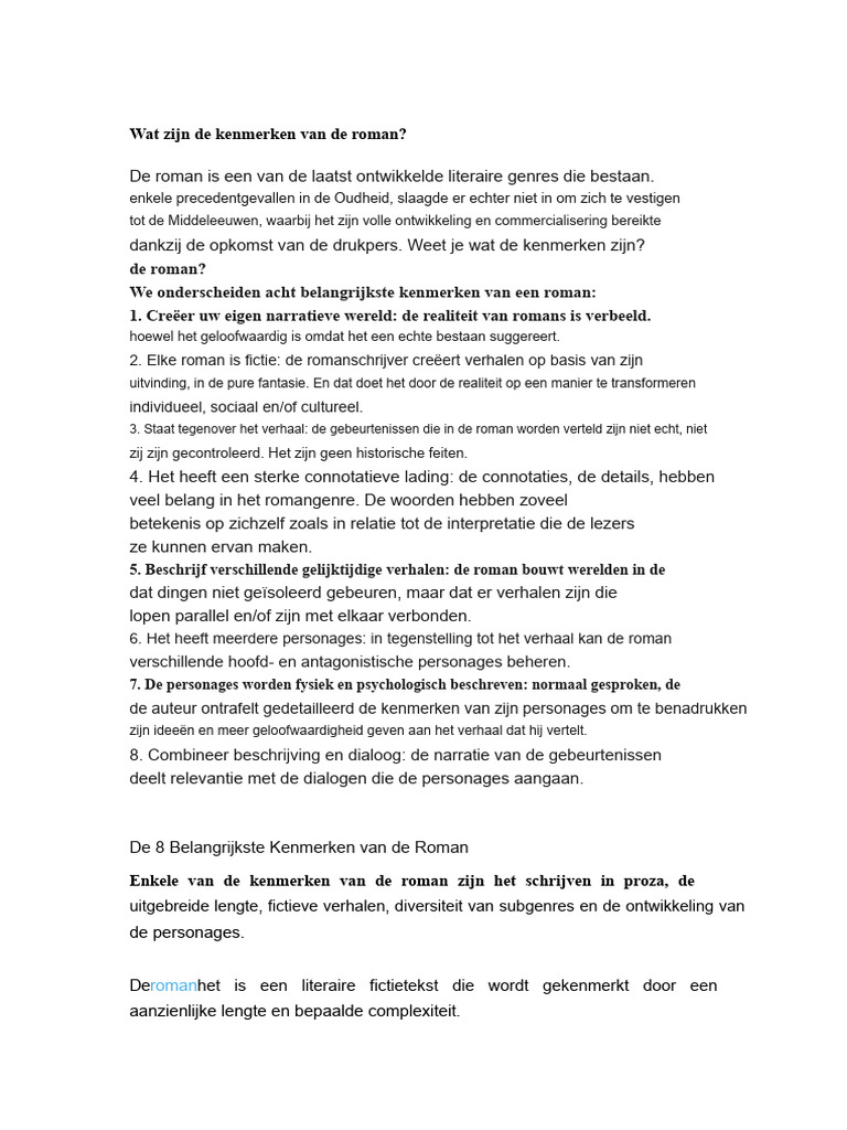 Wat Zijn de Kenmerken Van de Roman? | PDF