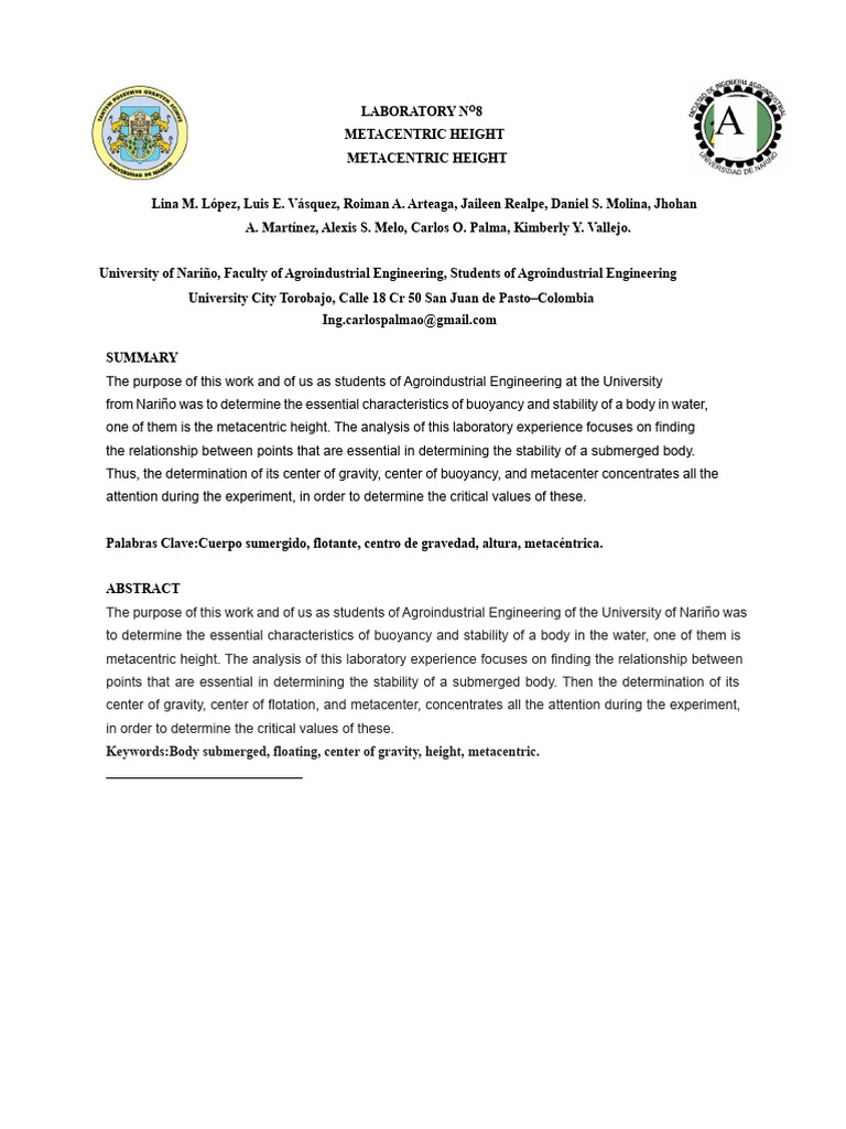 Metacentric Height in Buoyancy Analysis | PDF | Buoyancy | Physics