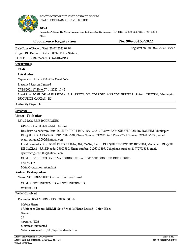 Occurrence Bulletin | PDF | Crimes | Crime & Violence