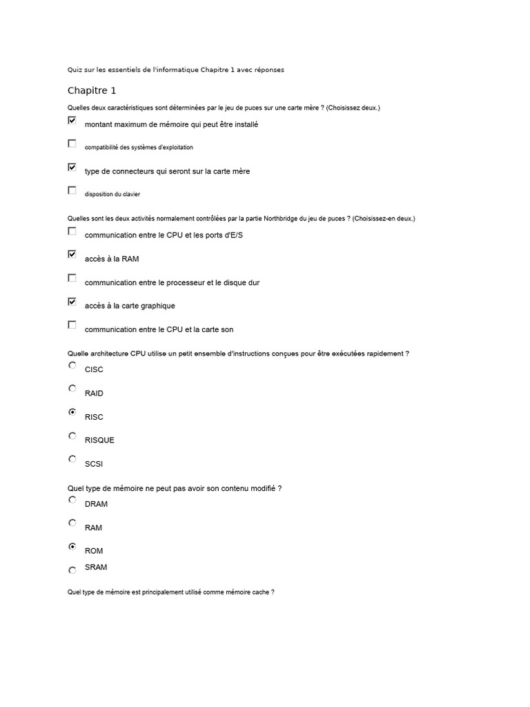 Quiz de Chapitre 1 de L'essentiel de L'informatique Avec Réponses | PDF ...