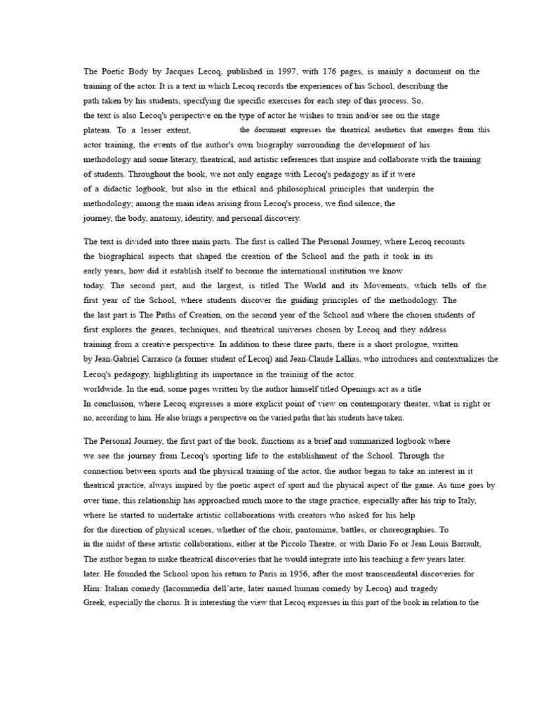 Lecoq's Actor Training Methodology | PDF | Theatre
