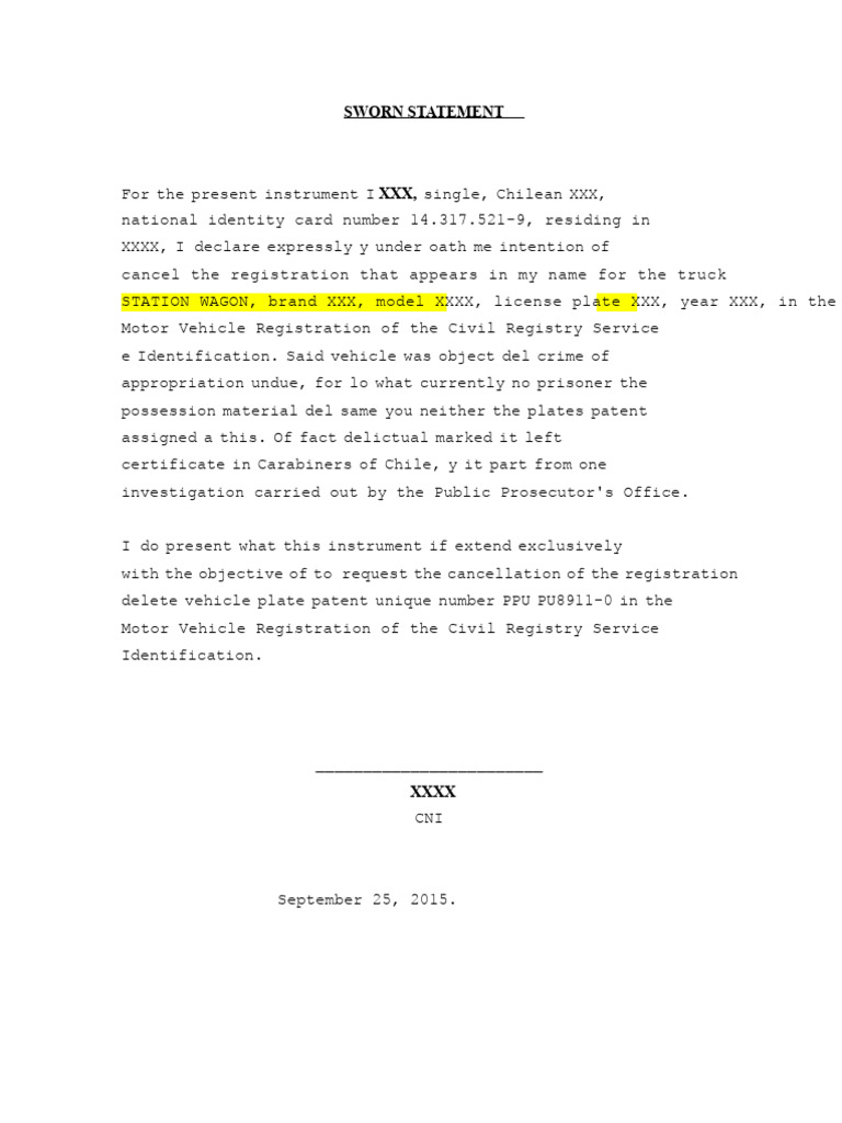 Sworn Statement for Vehicle Registration Cancellation | PDF