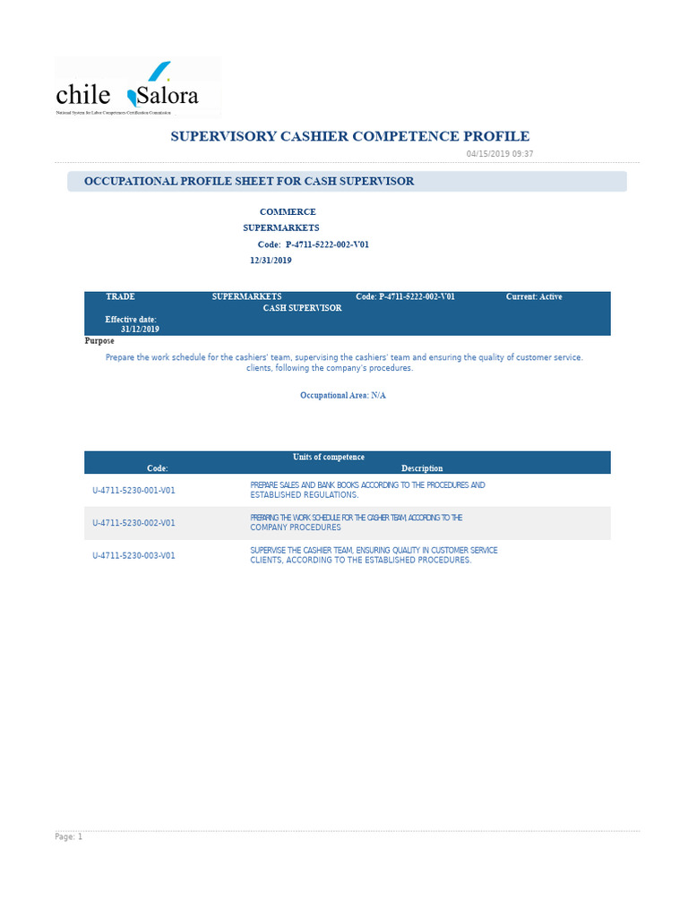 Supervisor of Cashiers Competency Profile | PDF | Communication ...