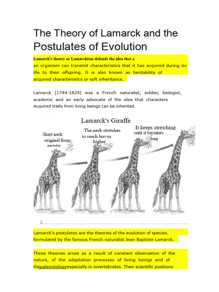 Lamarck's Theory of Acquired Traits | PDF | Evolution | Biology