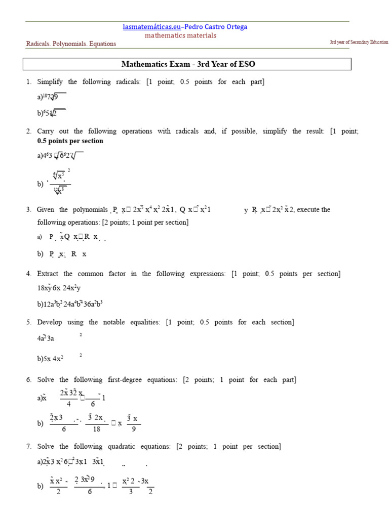 Exam Third ESO Radicals Polynomials Equations 1 | PDF | Equations ...
