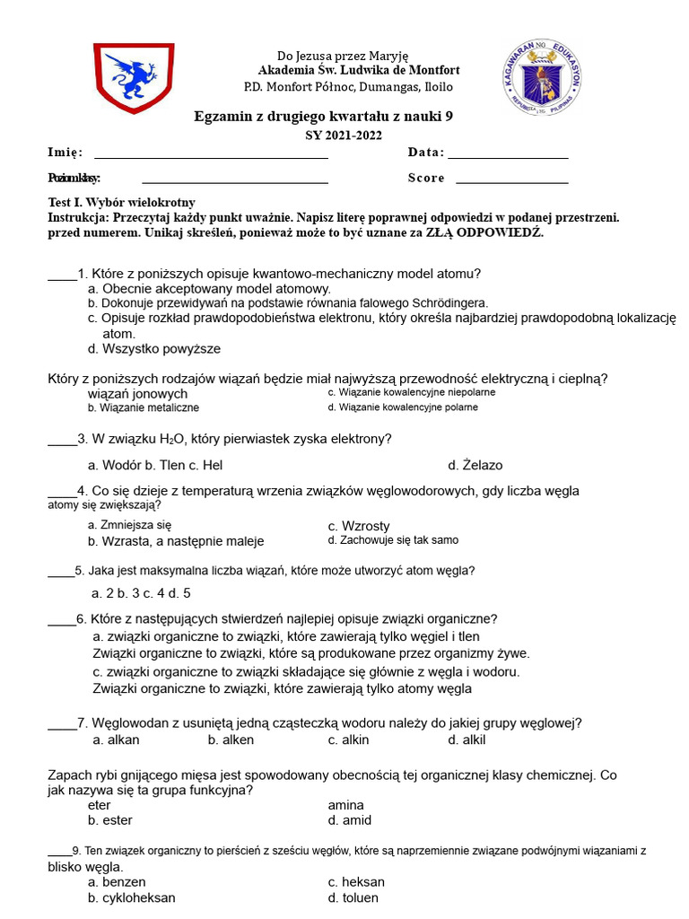 Nauka 9 Egzamin Na 2. Kwartal Rok Szkolny 2021-2022 | PDF